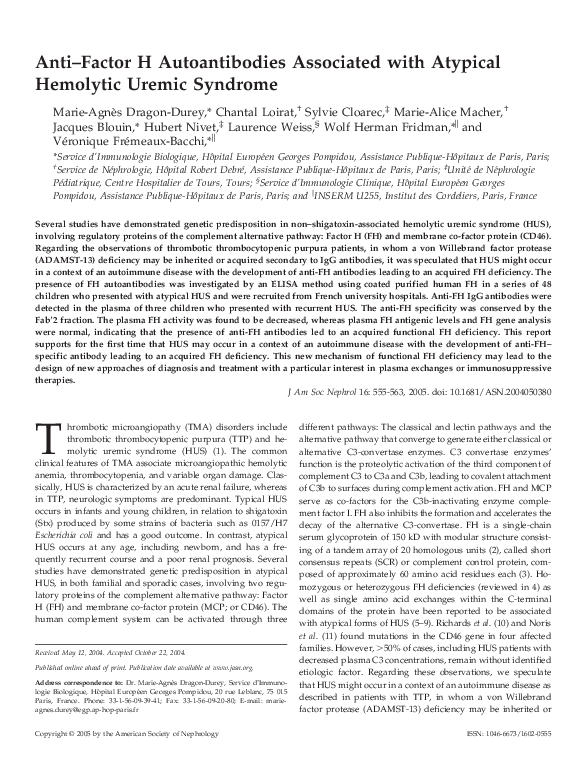 (PDF) Anti-Factor H Autoantibodies Associated with Atypical Hemolytic ...