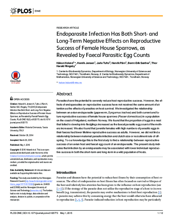(PDF) Endoparasite Infection Has Both Short- and Long-Term Negative ...