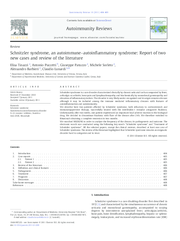 (PDF) Schnitzler syndrome, an autoimmune–autoinflammatory syndrome ...