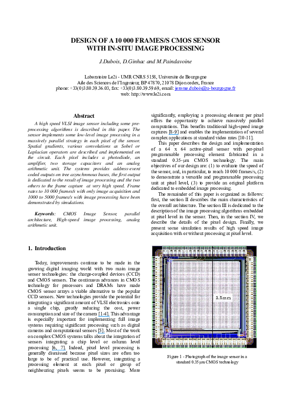 Pdf Design Of A 10000 Framess Cmos Sensor With In Situ Image Processing