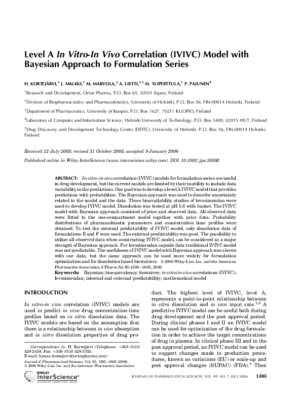 (PDF) Level Ain vitro-in vivo correlation (IVIVC) model with Bayesian ...