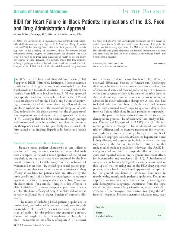 (PDF) BiDil for Heart Failure in Black Patients: Implications of the U ...