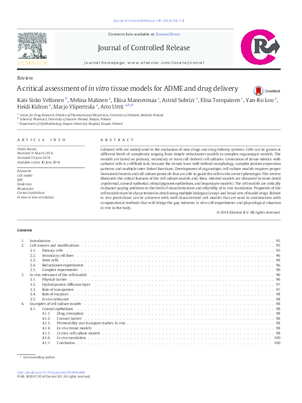 (PDF) A critical assessment of in vitro tissue models for ADME and drug ...
