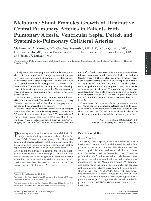 (PDF) Melbourne Shunt Promotes Growth of Diminutive Central Pulmonary ...