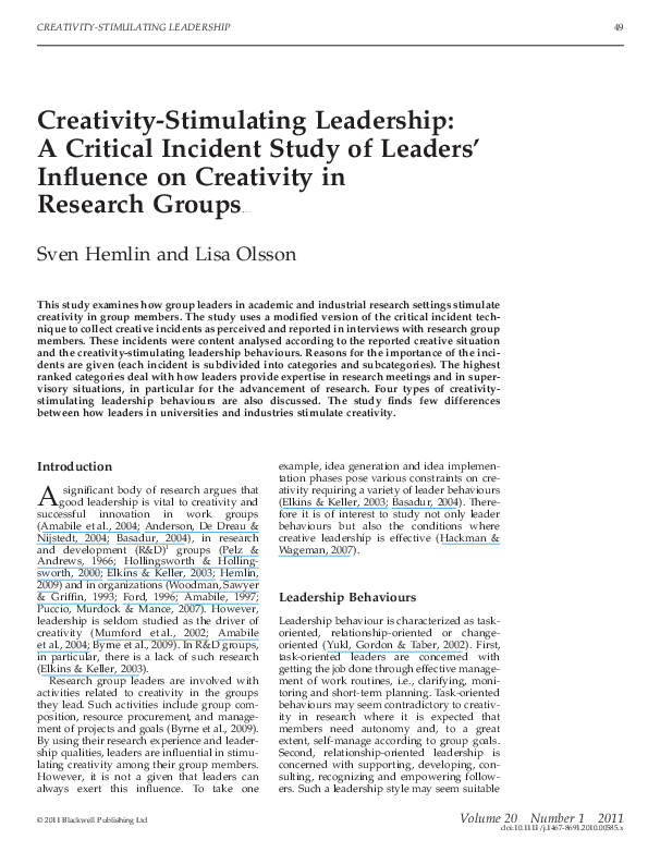 (PDF) Creativity-Stimulating Leadership: A Critical Incident Study of ...