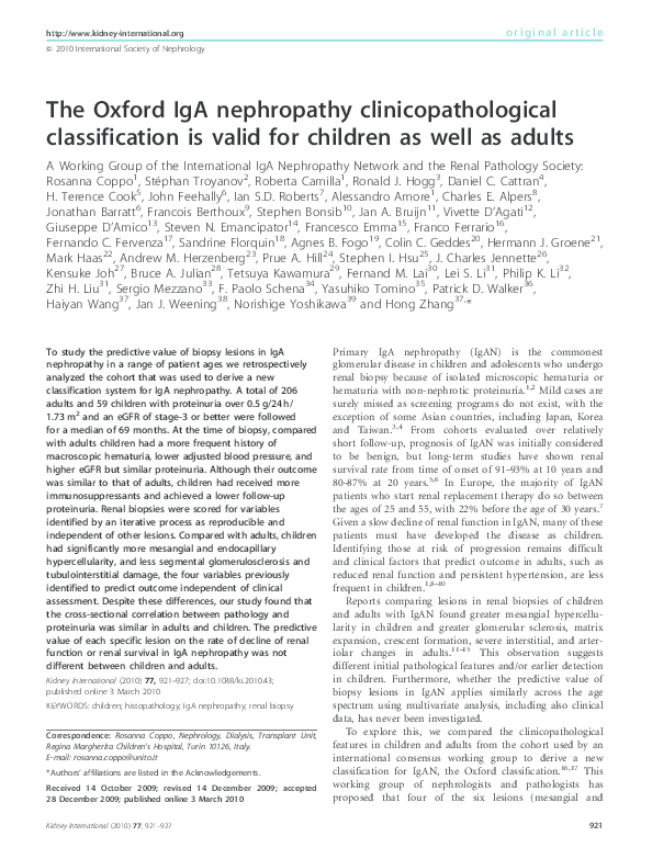 (PDF) The Oxford IgA nephropathy clinicopathological classification is valid for children as ...