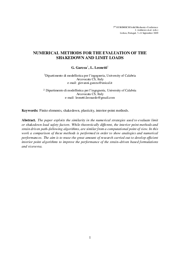 (PDF) Numerical methods for the evaluation of the shakedown and limit loads