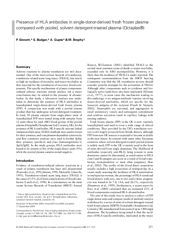 (PDF) Presence of HLA antibodies in single-donor-derived fresh frozen ...