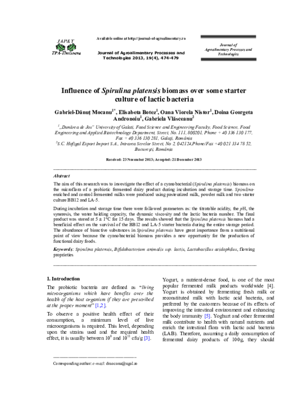 (PDF) Influence of Spirulina platensis biomass over some starter ...