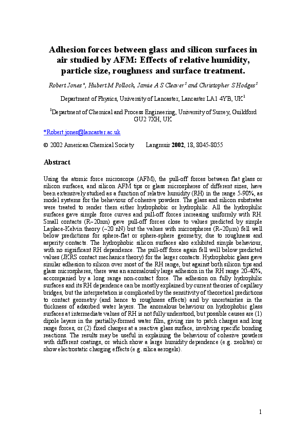 (PDF) Adhesion Forces between Glass and Silicon Surfaces in Air Studied ...