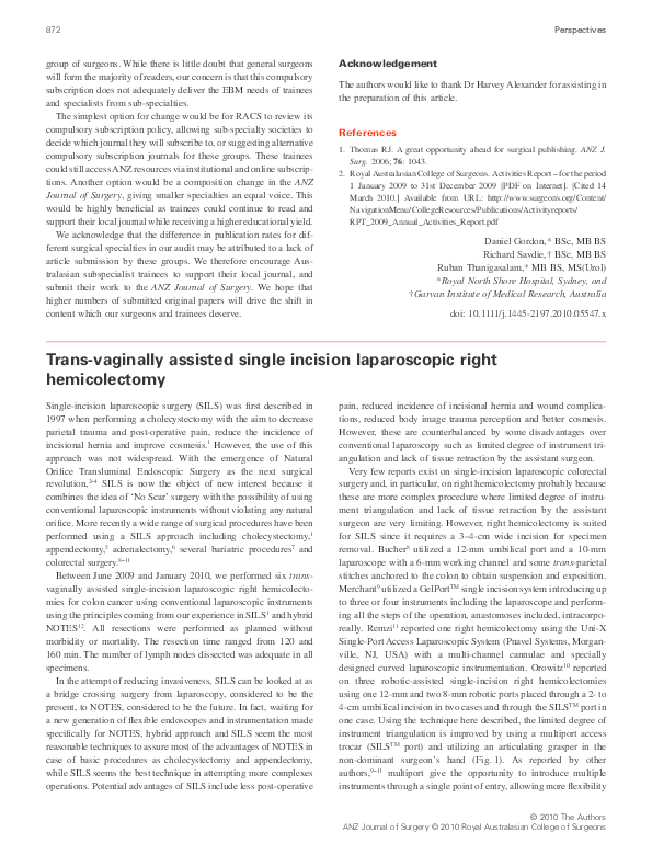 (PDF) Trans-vaginally assisted single incision laparoscopic right hemicolectomy