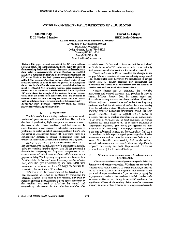 Pdf Rotor Eccentricity Fault Detection Of A Dc Motor