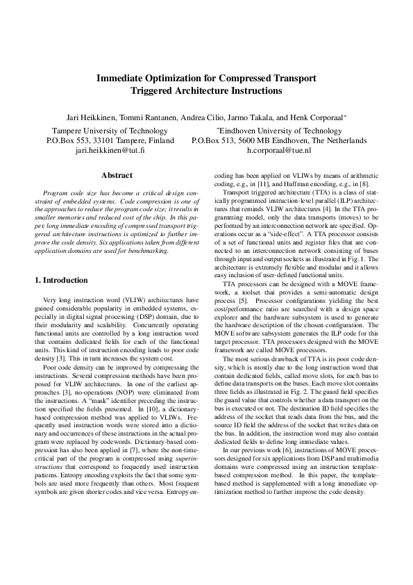 (PDF) Immediate optimization for compressed transport triggered architecture instructions