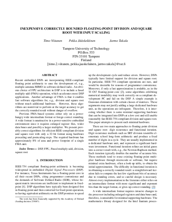 Pdf Inexpensive Correctly Rounded Floating Point Division And Square Root With Input Scaling