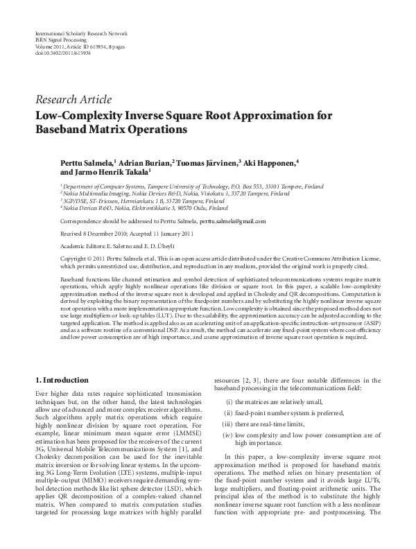Pdf Low Complexity Inverse Square Root Approximation For Baseband Matrix Operations Jarmo