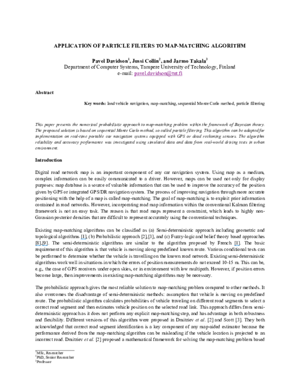 Pdf Application Of Particle Filters To A Map Matching Algorithm