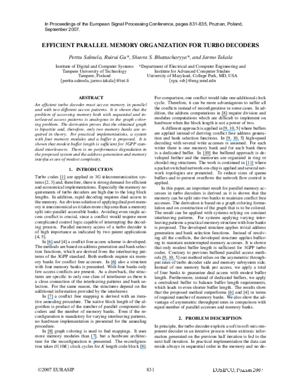 (PDF) Efficient parallel memory organization for turbo decoders