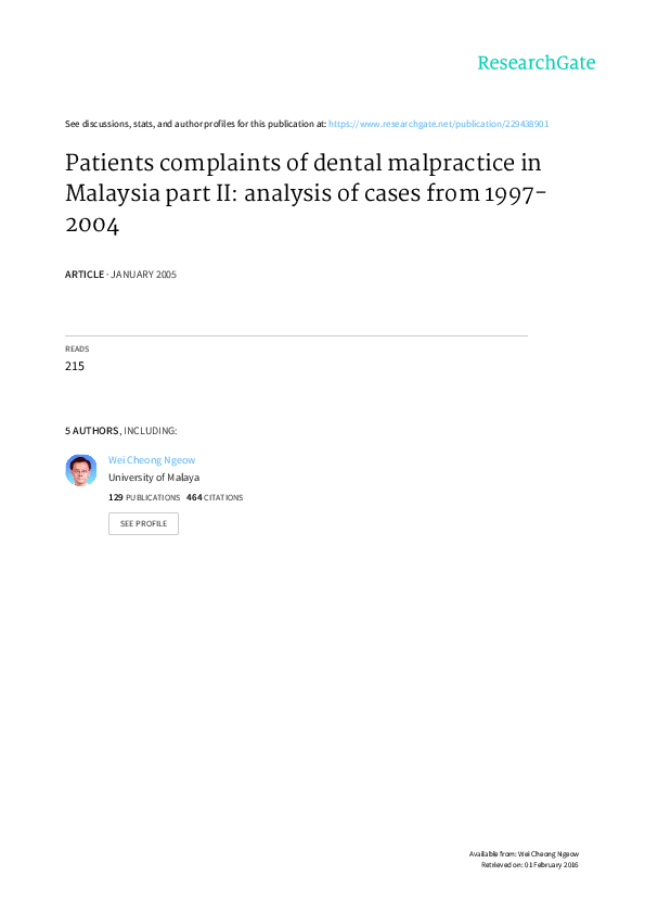 (PDF) Patients complaints of dental malpractice in Malaysia part II ...