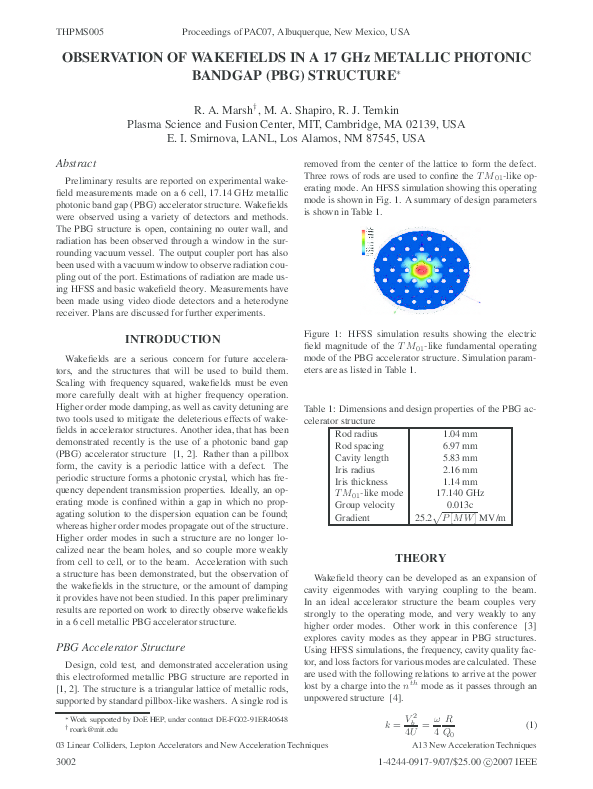 (PDF) Observation of Wakefields in a 17 GHz Metallic Photonic Bandgap PBG Structure | Richard ...