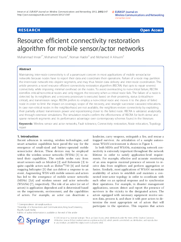 Pdf Resource Efficient Connectivity Restoration Algorithm For Mobile Sensor Actor Networks