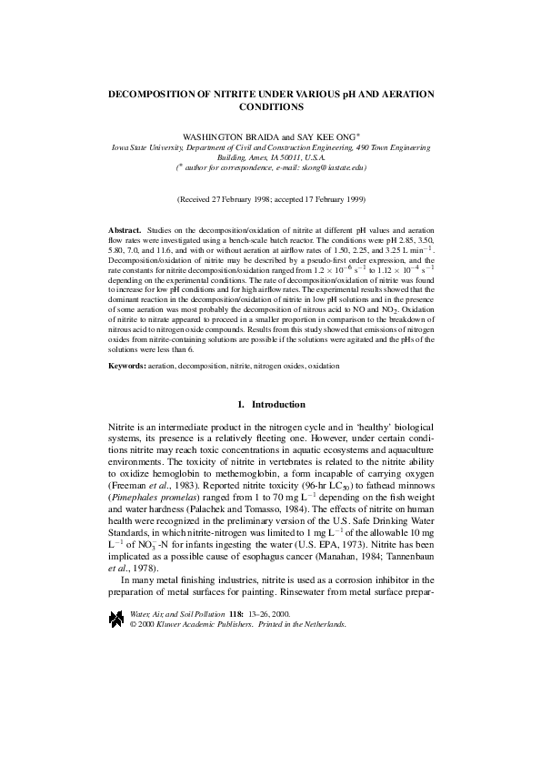 (PDF) Decomposition of nitrite under various pH and aeration conditions