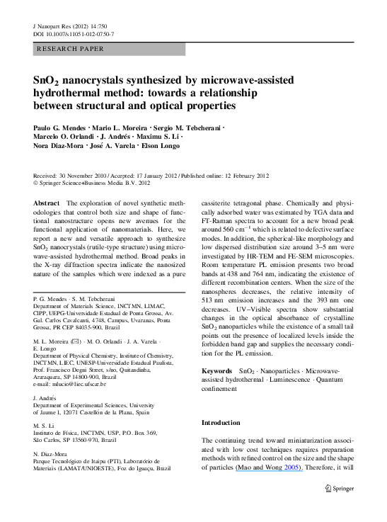 (PDF) SnO2 nanocrystals synthesized by microwave-assisted hydrothermal ...