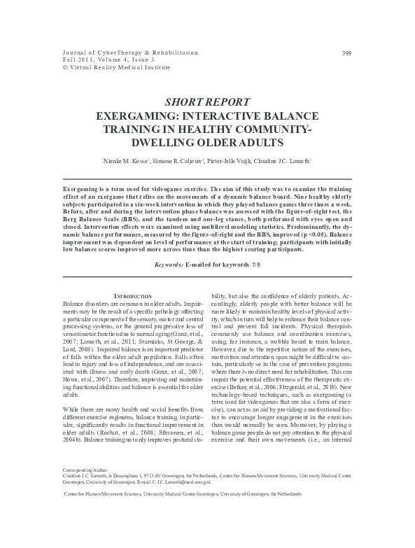 (PDF) Exergaming: Interactive balance training in healthy community-dwelling older adults