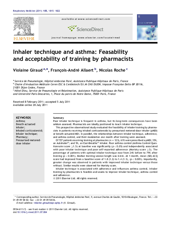 (PDF) Inhaler technique and asthma: Feasability and acceptability of ...