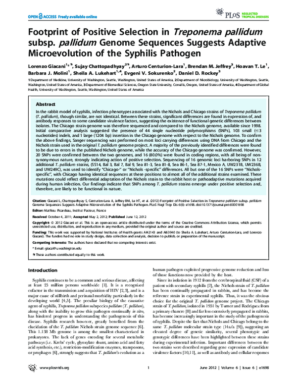 (PDF) Footprint of Positive Selection in Treponema pallidum subsp ...