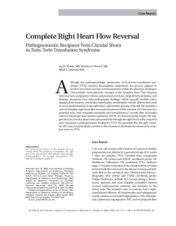 (PDF) Complete Right Heart Flow Reversal Pathognomonic Recipient Twin ...