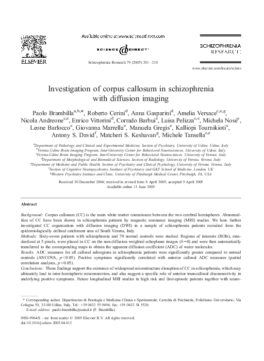 (PDF) Investigation of corpus callosum in schizophrenia with diffusion ...
