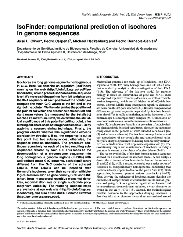 (PDF) IsoFinder: computational prediction of isochores in genome sequences