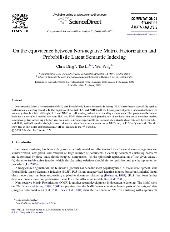 (PDF) On the equivalence between Non-negative Matrix Factorization and Probabilistic Latent ...