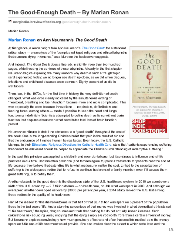 (PDF) The Good-Enough Death – Marian Ronan on Ann Neumann's The Good Death