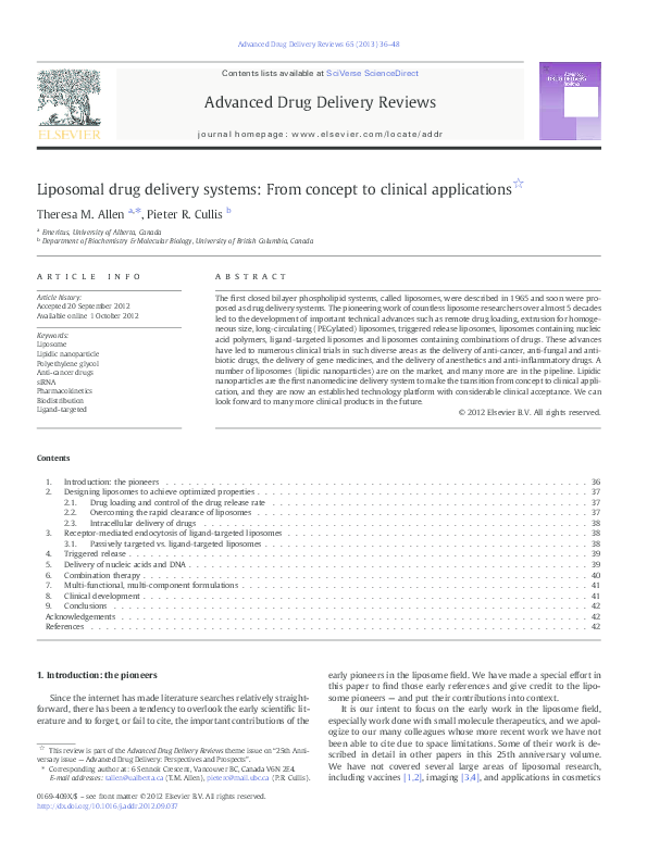 (PDF) Liposomal drug delivery systems: From concept to clinical ...