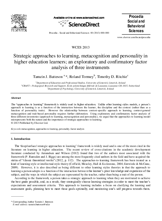 Pdf Approaches To Learning Metacognition And Personality An Exploratory And Confirmatory