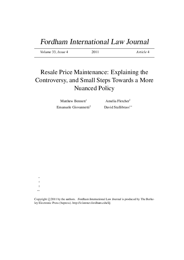 (PDF) Resale price maintenance: Explaining the controversy, and small ...