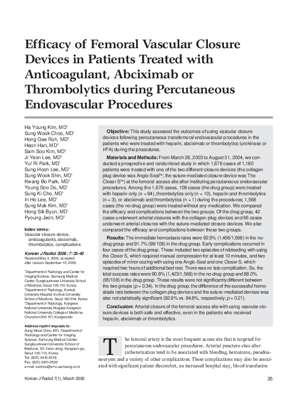 (PDF) Efficacy of Femoral Vascular Closure Devices in Patients Treated ...