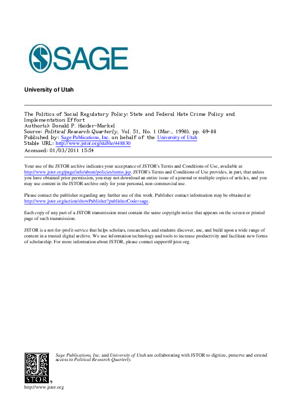 (PDF) The Politics of Social Regulatory Policy: State and Federal Hate ...