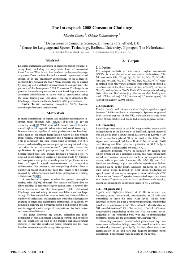 (PDF) The interspeech 2008 consonant challenge