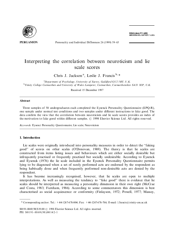 (PDF) Interpreting the correlation between neuroticism and lie scale scores