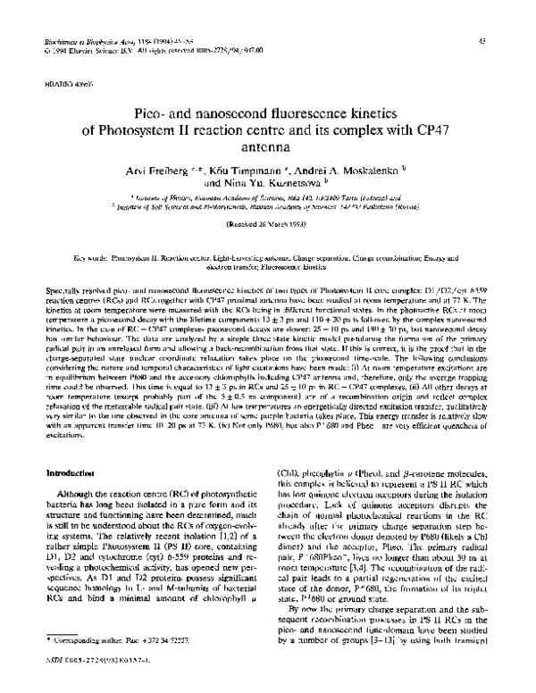 (PDF) Pico- and nanosecond fluorescence kinetics of Photosystem II reaction centre and its ...