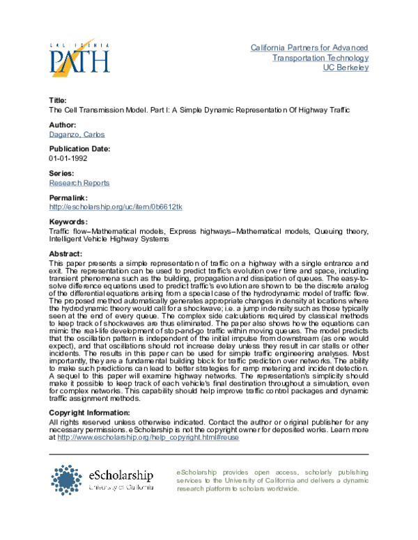 (PDF) The Cell Transmission Model. Part I: A Simple Dynamic ...