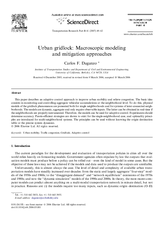 (PDF) Urban gridlock: Macroscopic modeling and mitigation approaches