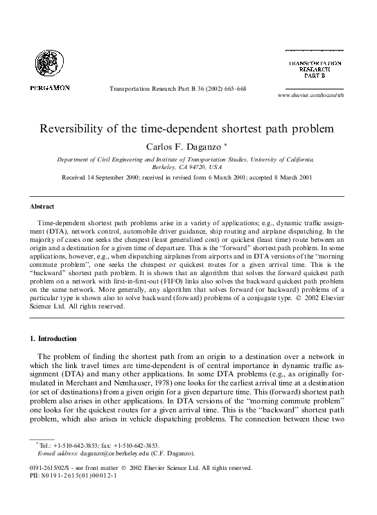 Pdf Reversibility Of The Time Dependent Shortest Path Problem Carlos Daganzo