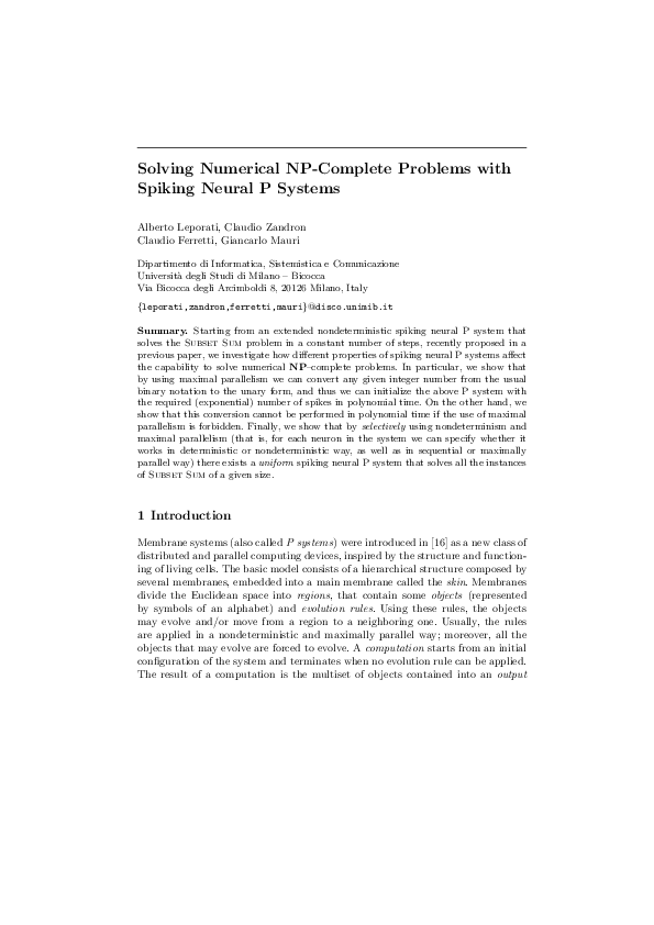 (PDF) Solving Numerical NP-Complete Problems with Spiking Neural P Systems