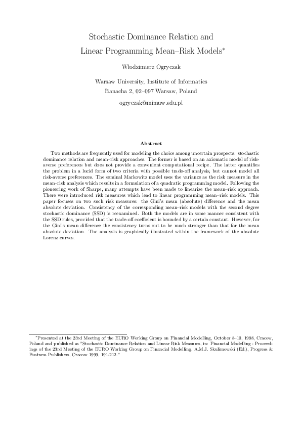 (PDF) Stochastic dominance relation and linear risk measures