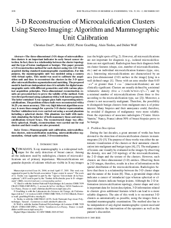 Pdf 3 D Reconstruction Of Microcalcification Clusters Using Stereo Imaging Algorithm And