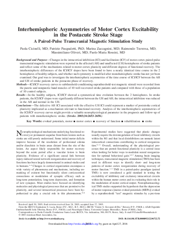 (PDF) Interhemispheric Asymmetries of Motor Cortex Excitability in the Postacute Stroke Stage: A ...
