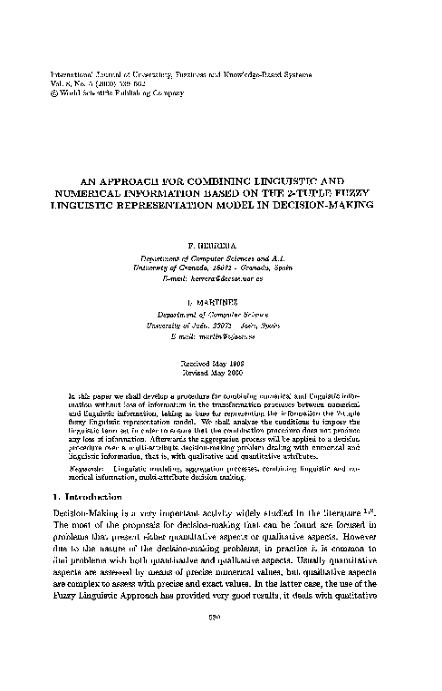(PDF) An Approach for Combining Linguistic and Numerical Information Based on the 2-TUPLE Fuzzy ...